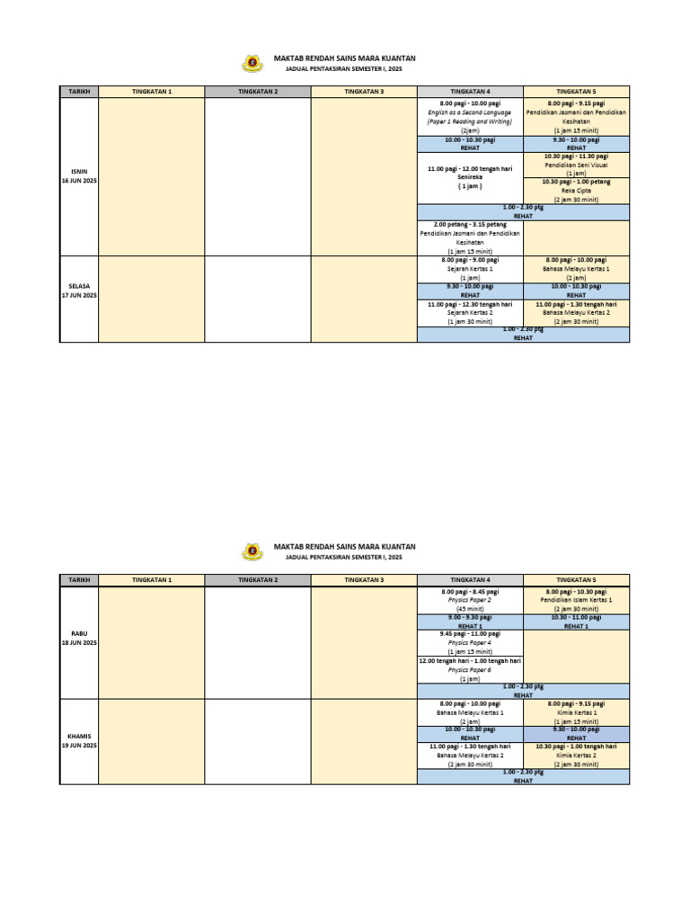 Jadual Exam Sem i 2025 f12345 | PDF