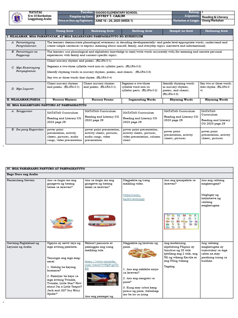 DLL Matatag - Reading and Literacy 1 q1 w1 v2 | PDF