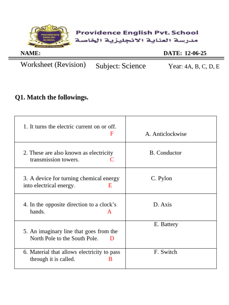 Answer Key YR4 Revision Worksheet Science Third Term 2024 2025 | PDF | Insulator (Electricity ...