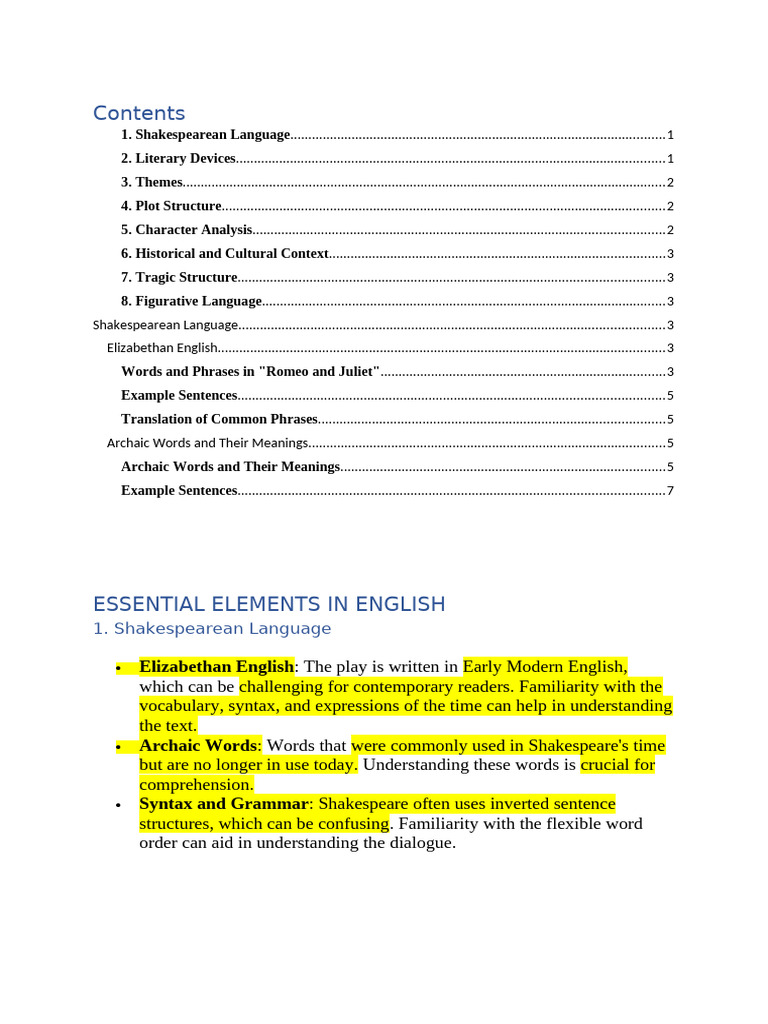 Key Elements of Romeo and Juliet | PDF | Romeo And Juliet | William ...