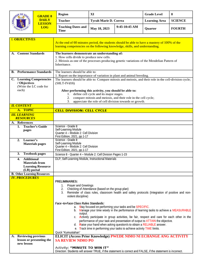 3rd Demo Tyrah DLL g8 May 15 | PDF | Mitosis | Cell Cycle