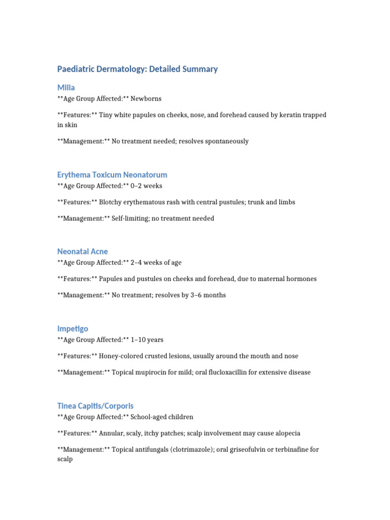 Paediatric Dermatology Detailed Notes | PDF