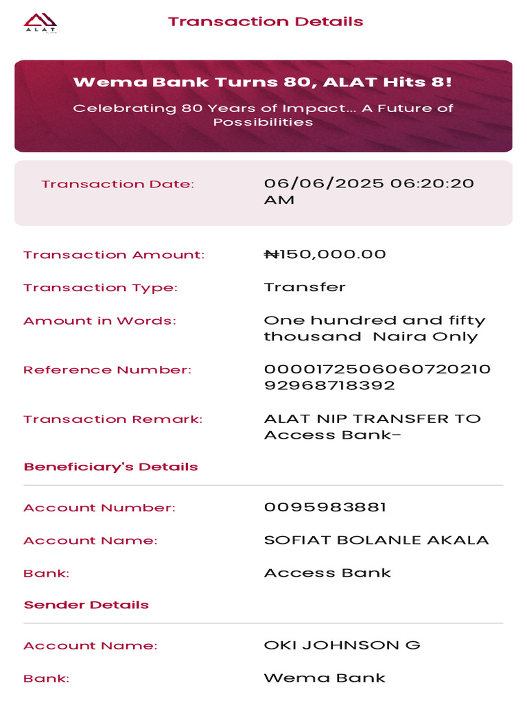 ALAT Transfer Receipt - SOFIAT BOLANLE AKALA - 0095983881 - 150,000.00 ...