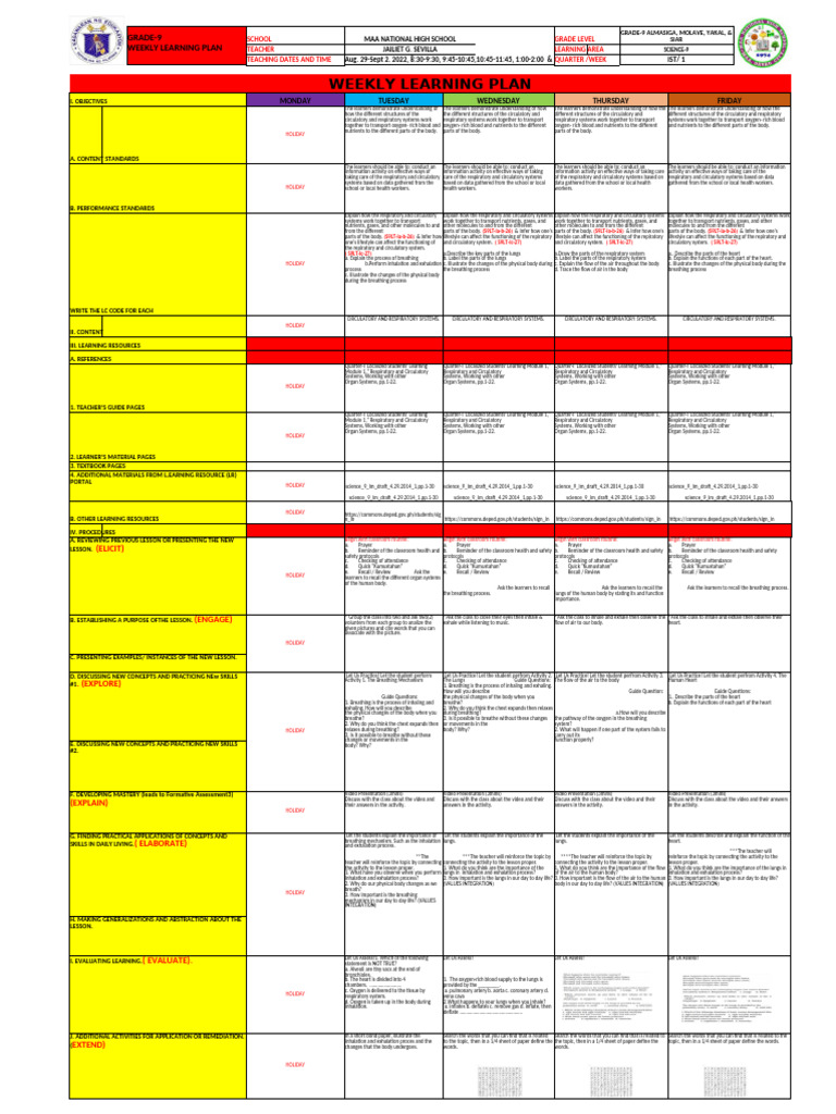 1j.g.sevilla Science 9 Weekly Learning Plan q1w1 With Remarks | PDF | Breathing | Exhalation