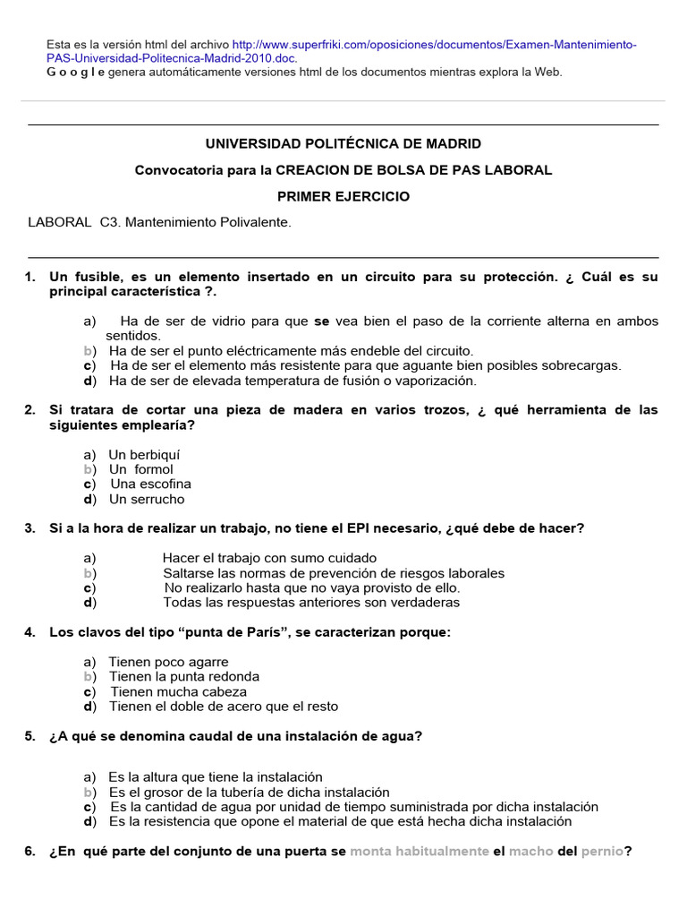 Examen Mantenimiento PAS UPM 2010 | PDF | Materiales