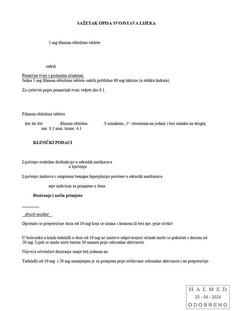 Tadalafil Pliva 5 MG Filmom Oblozene Tablete SPC | PDF