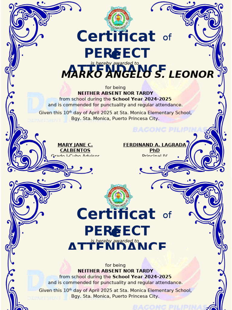 Perfect Attendance Certificate 2024-2025 | PDF