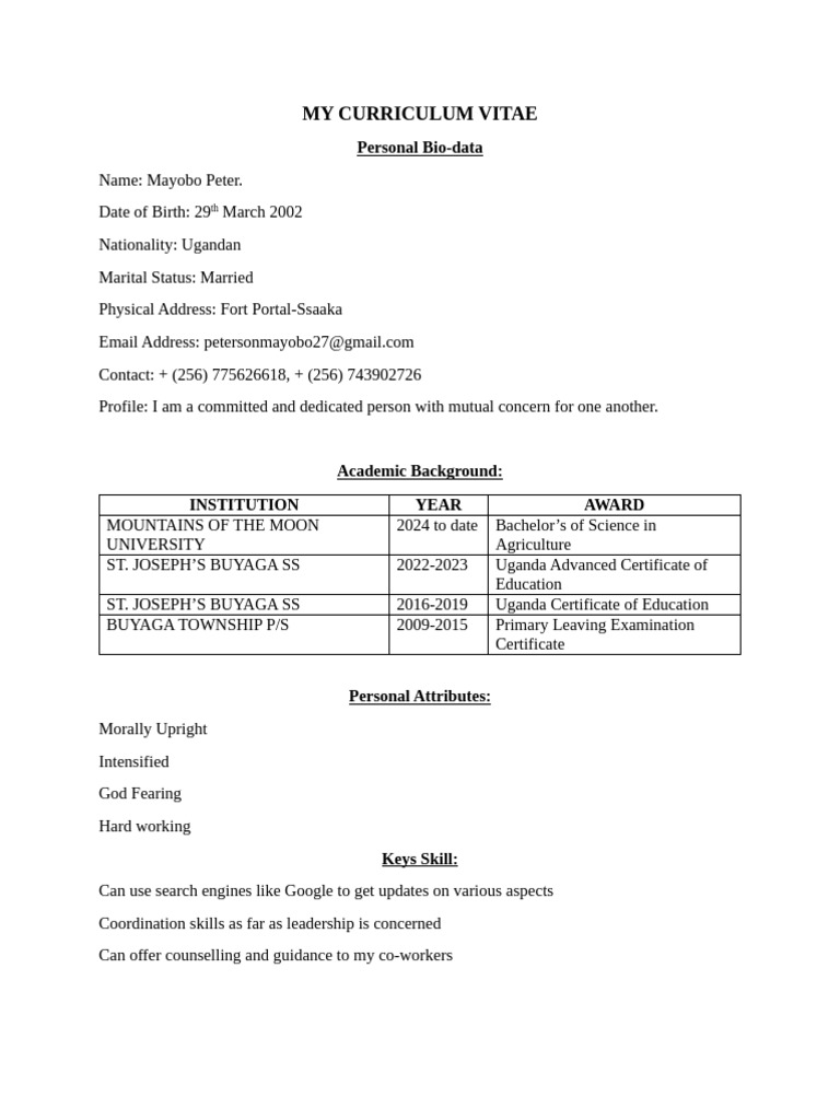 Curriculum Vitae Mayobo Peter | PDF
