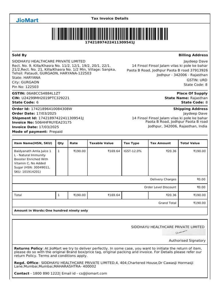 Amla Juice Purchase Invoice Jodhpur | PDF | Government Finances | Taxes