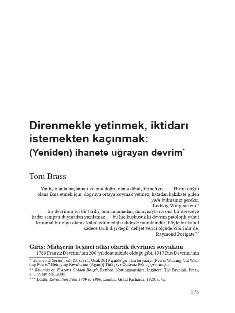 Direnmekle Yetinmek Iktidari Istemekten Kacinmak Yeniden Ihanete Ugrayan Devrim Tom Brass | PDF