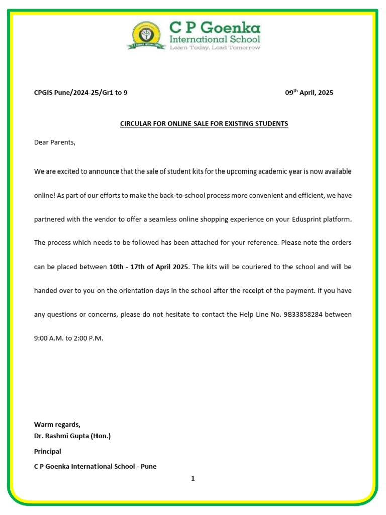 Circular For Online Sale For Existing Students | PDF