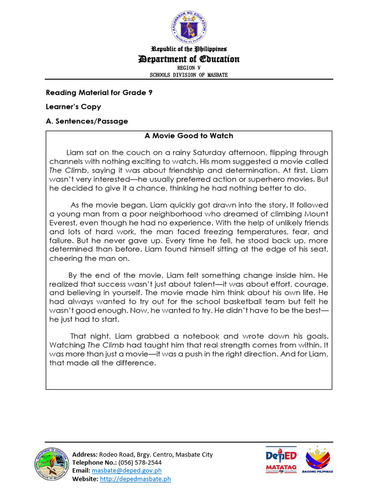 Grade 9 Reading Material Pdf