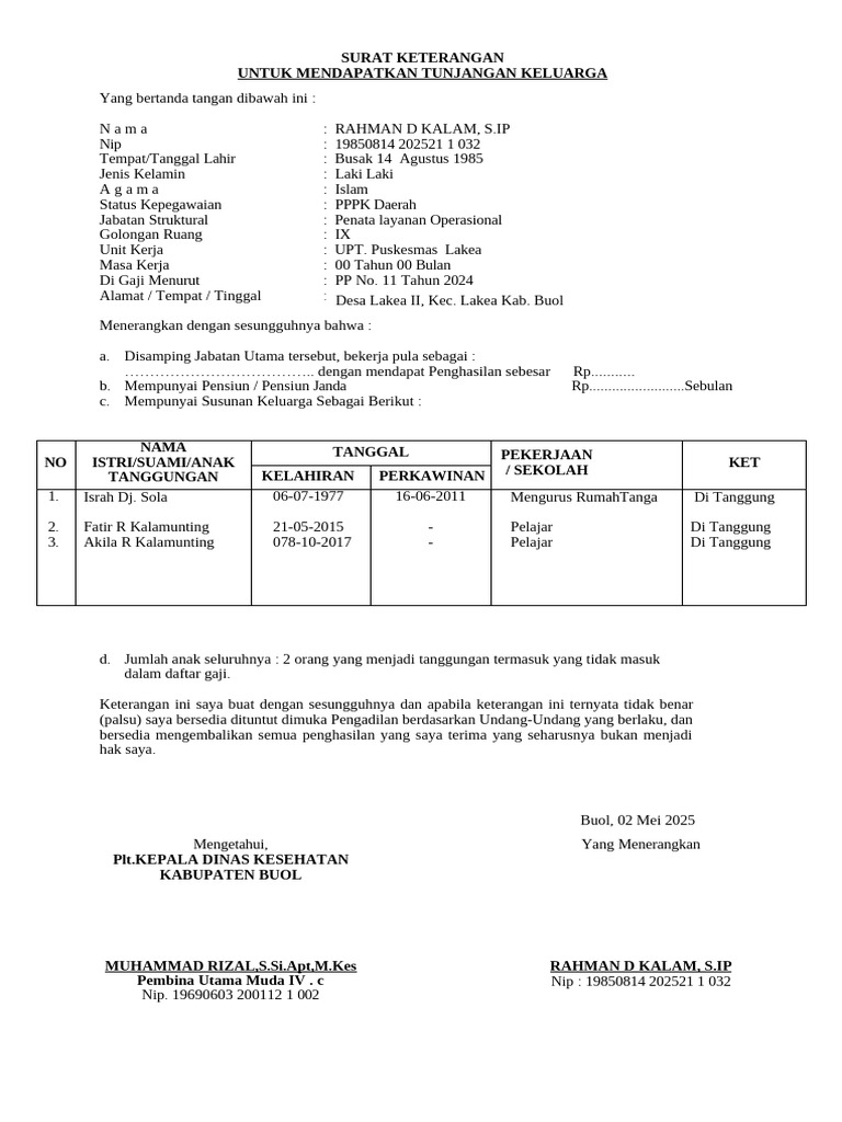 Surat Keterangan Tunjangan Keluarga | PDF