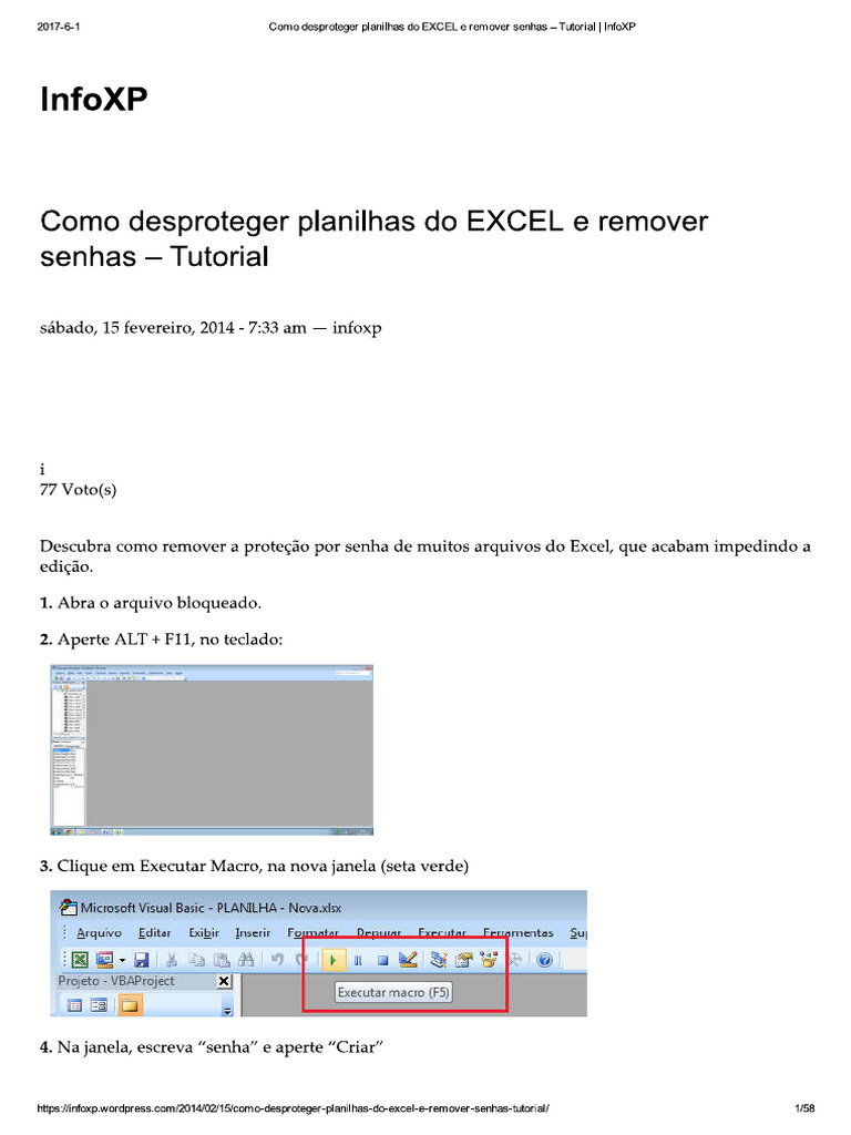 Como desproteger planilhas do EXCEL e remover senhas – Tutorial _ InfoXP | PDF