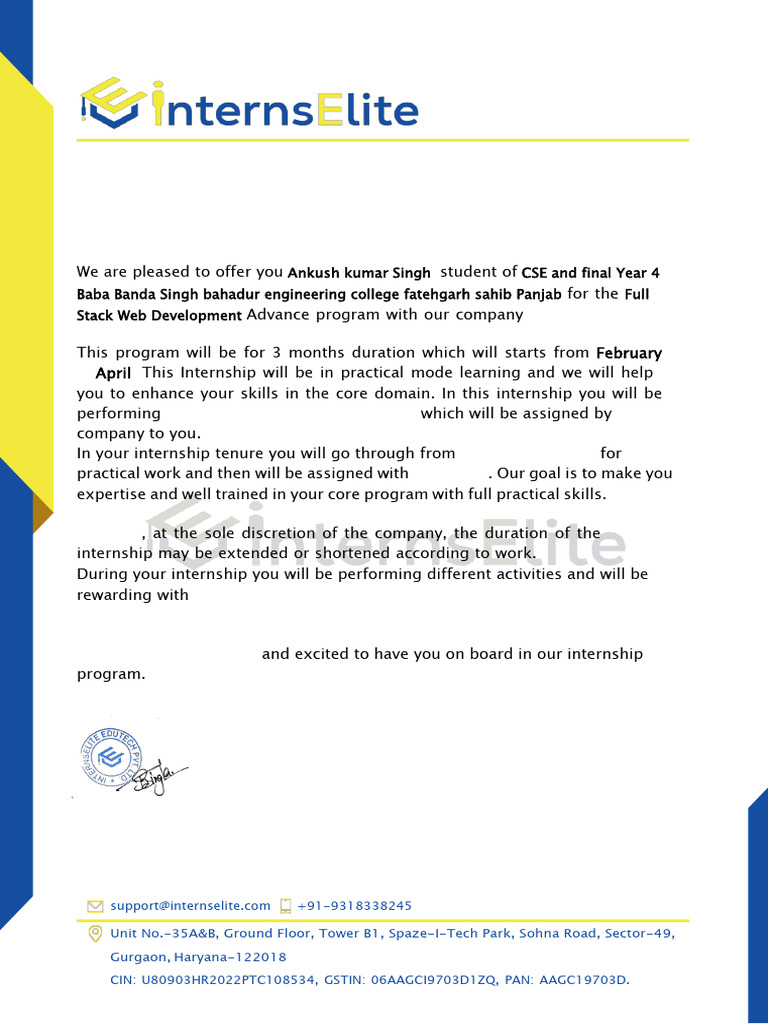 Internship Letter - Ankush Kumar Singh | PDF