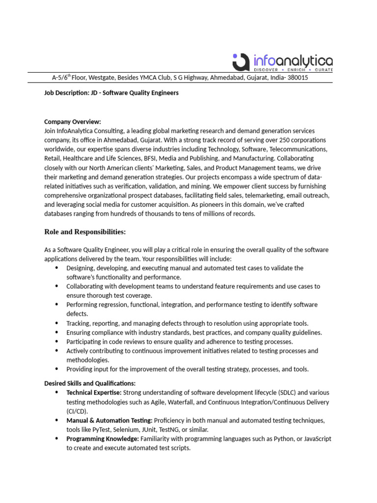 JD - Software Quality Engineers | PDF | Software Development Process | Computer Programming
