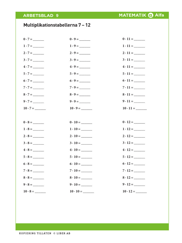 A AB 09 Multiplikationstabellerna 7-12 v-1 | PDF