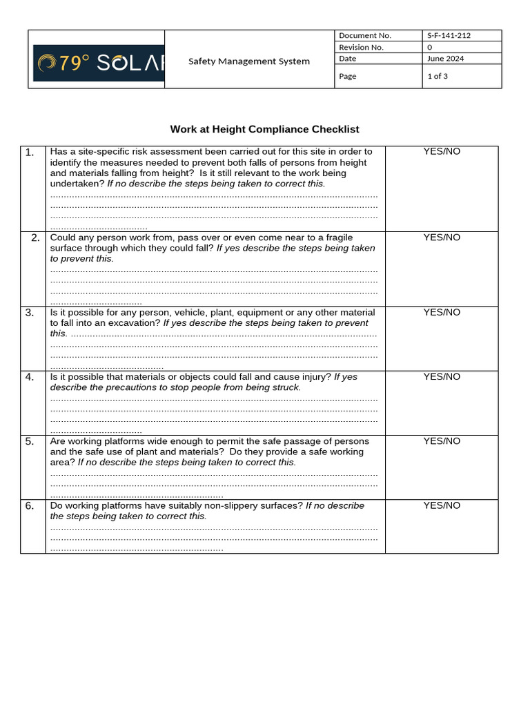 Working On Heights Checklist | PDF | Occupational Safety And Health ...