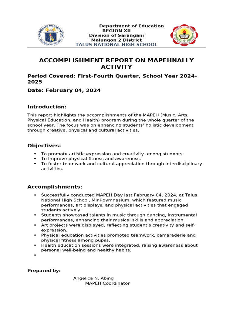 MAPEH Accomplishment Report 2024-2025 | PDF | Physical Education ...