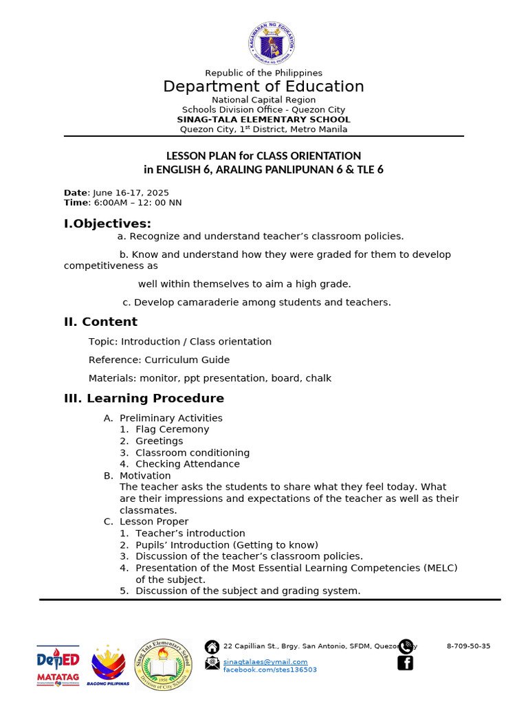LP For Class Orientation | PDF | Teachers | Metro Manila