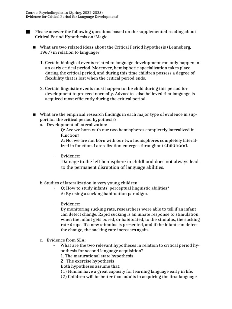 Assignment-Critical Period Hypothesis - (2023) 111046001 廖昀萱 | PDF ...