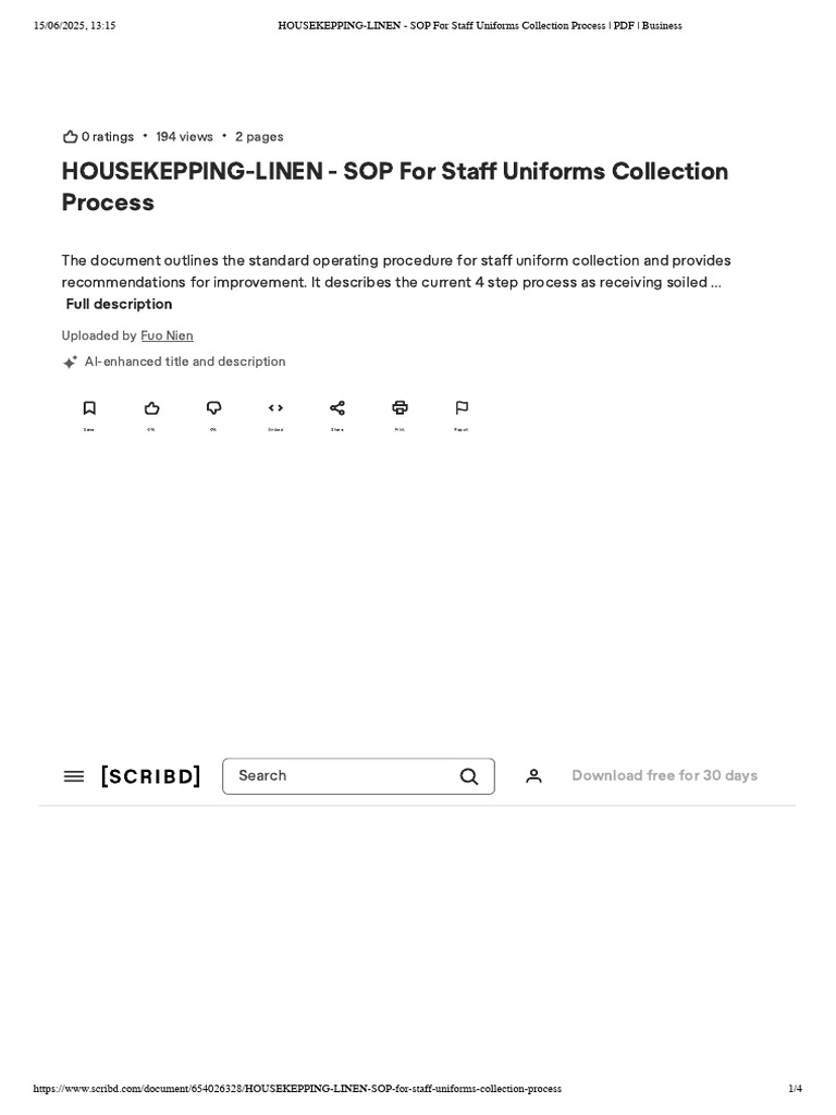 HOUSEKEPPING-LINEN - SOP For Staff Uniforms Collection Process - PDF ...