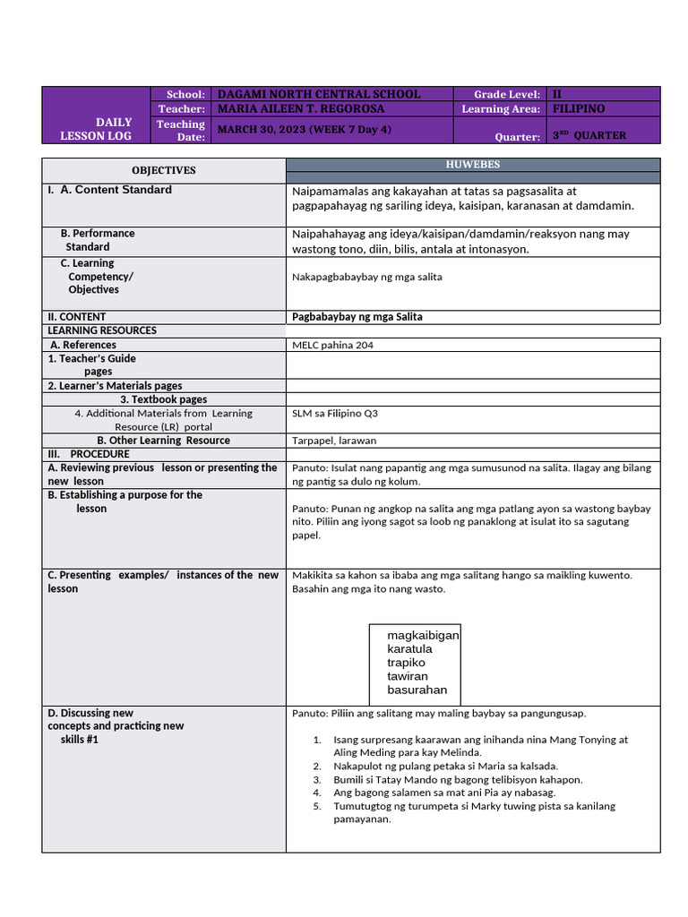 DLL Filipino 2 q2 w8 d4 | PDF