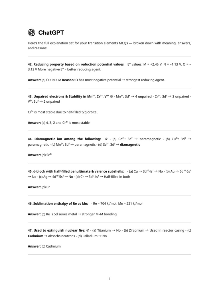 Transition Metal Ions MCQs Explained | PDF | Transition Metals ...