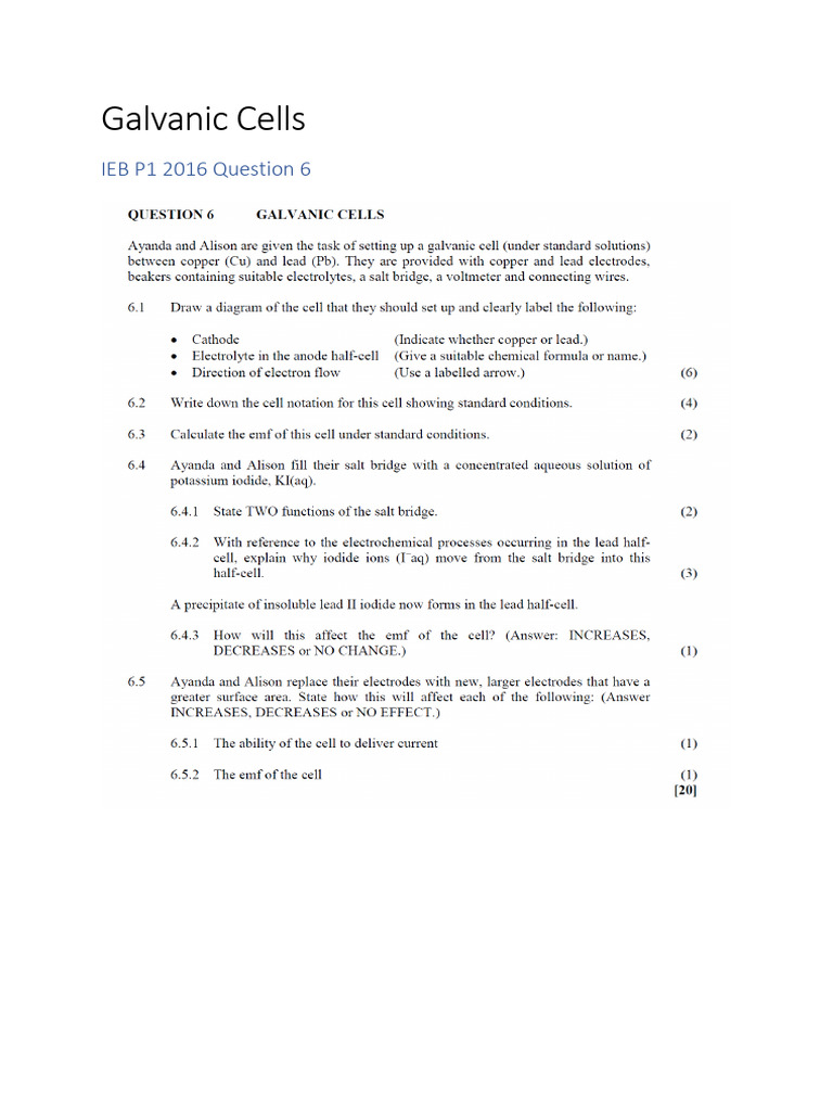 Answer IEB Physical Science Paper 2 - Galvanic Cells | PDF