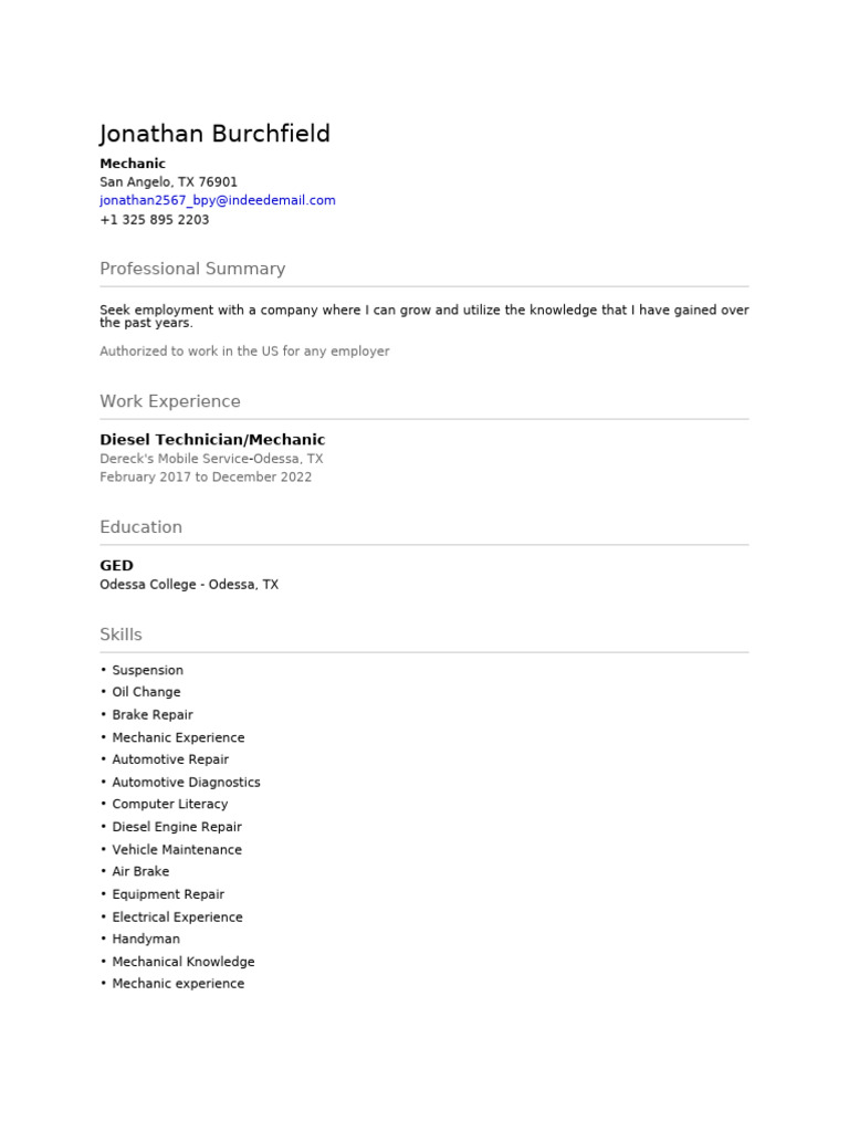 Diesel Mechanic Resume - Jonathan Burchfield | PDF