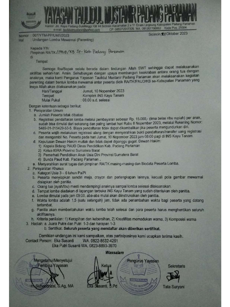 Undangan Lomba Mewarnai (Parenting) Ytm | PDF