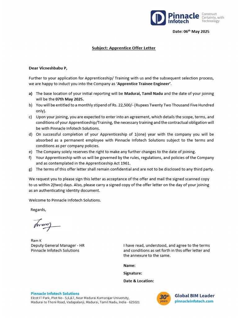 Apprentice Offer Letter - Pinnacle Infotech | PDF | Apprenticeship ...