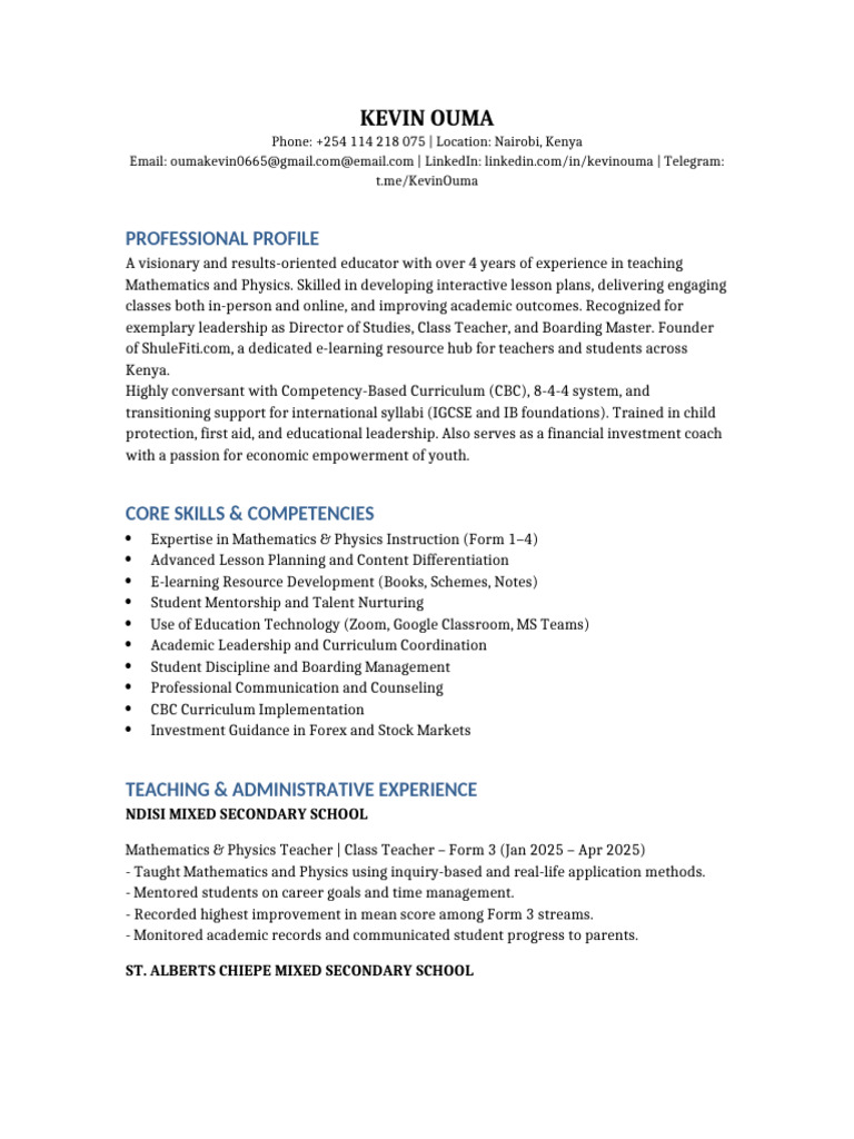 Kevin Ouma Educator Long CV | PDF | Mentorship | Teachers