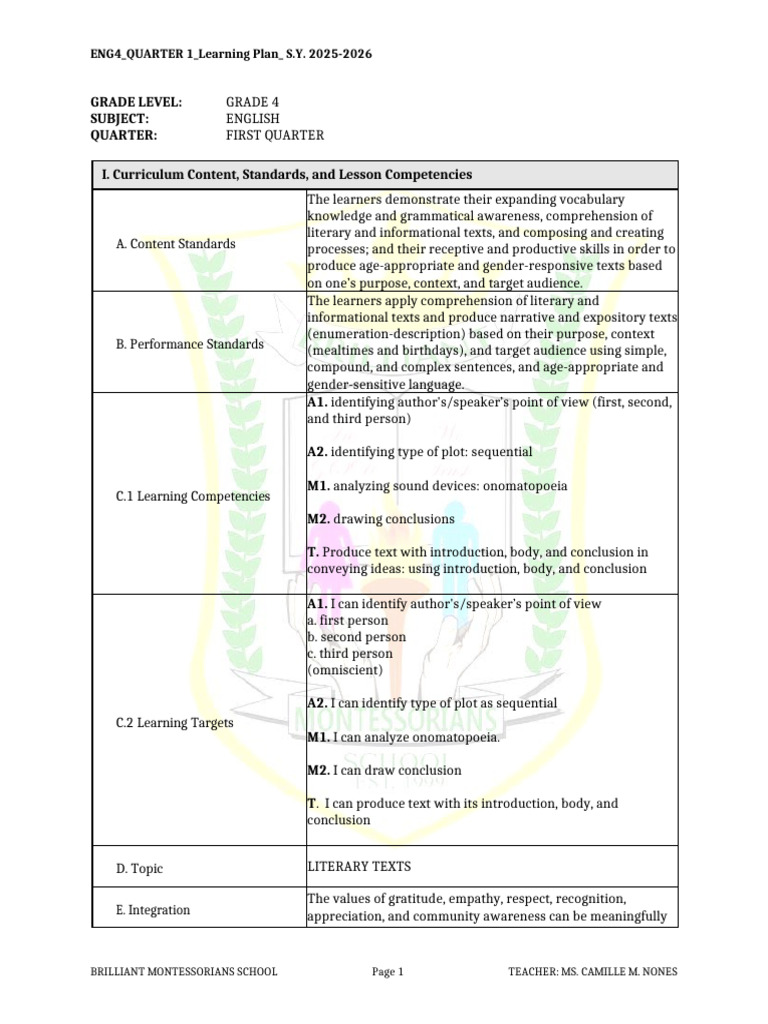 English4 - Learning Plan - Quarter1 | PDF | Narration | Learning