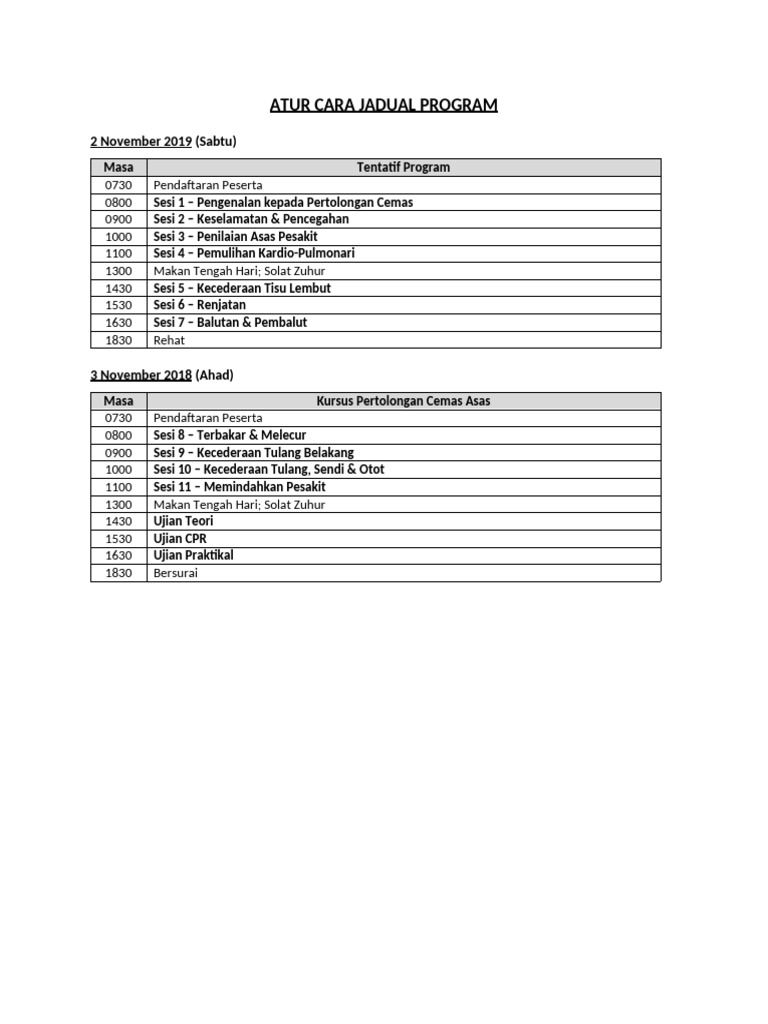 Tentatif Program Kursus Pertolongan Cemas Asas & CPR | PDF