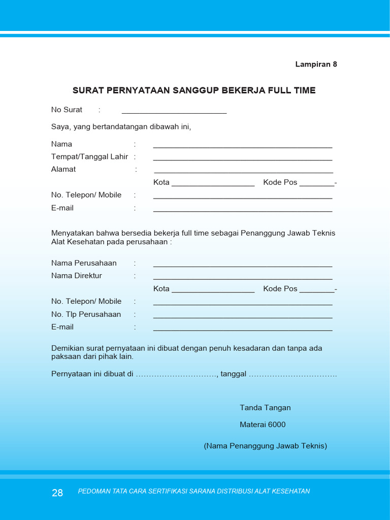 Surat Pernyataan Sanggup Berkerja Full Time | PDF