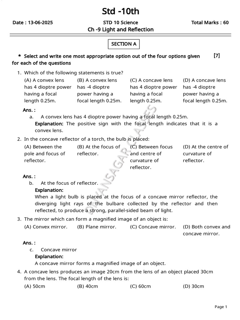STD 10 Science: Light and Reflection Quiz | PDF | Mirror ...