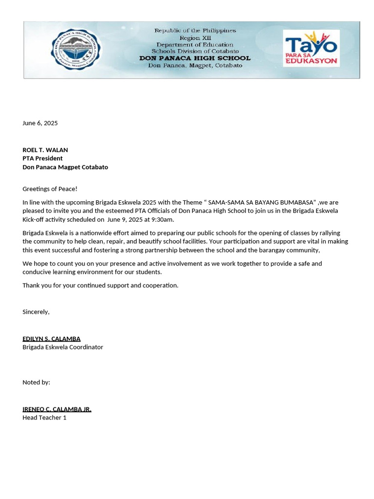 Letter To PTA | PDF