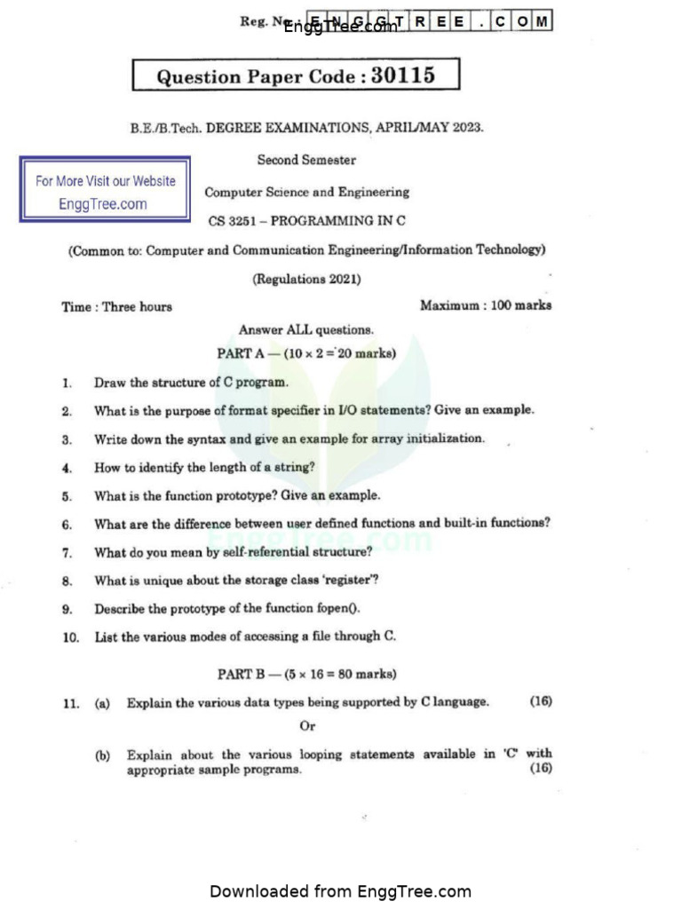 CS3251 Programming in C Apr May 2023 Question Paper Download | PDF