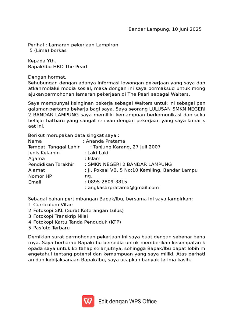 Lamaran Kerja Ananda Pratama | PDF
