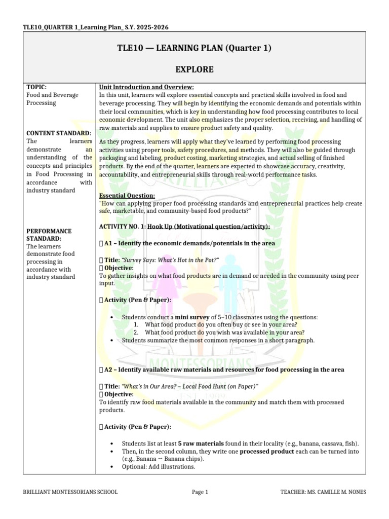 Tle10 - Learning Plan - Quarter1 | PDF | Learning | Marketing