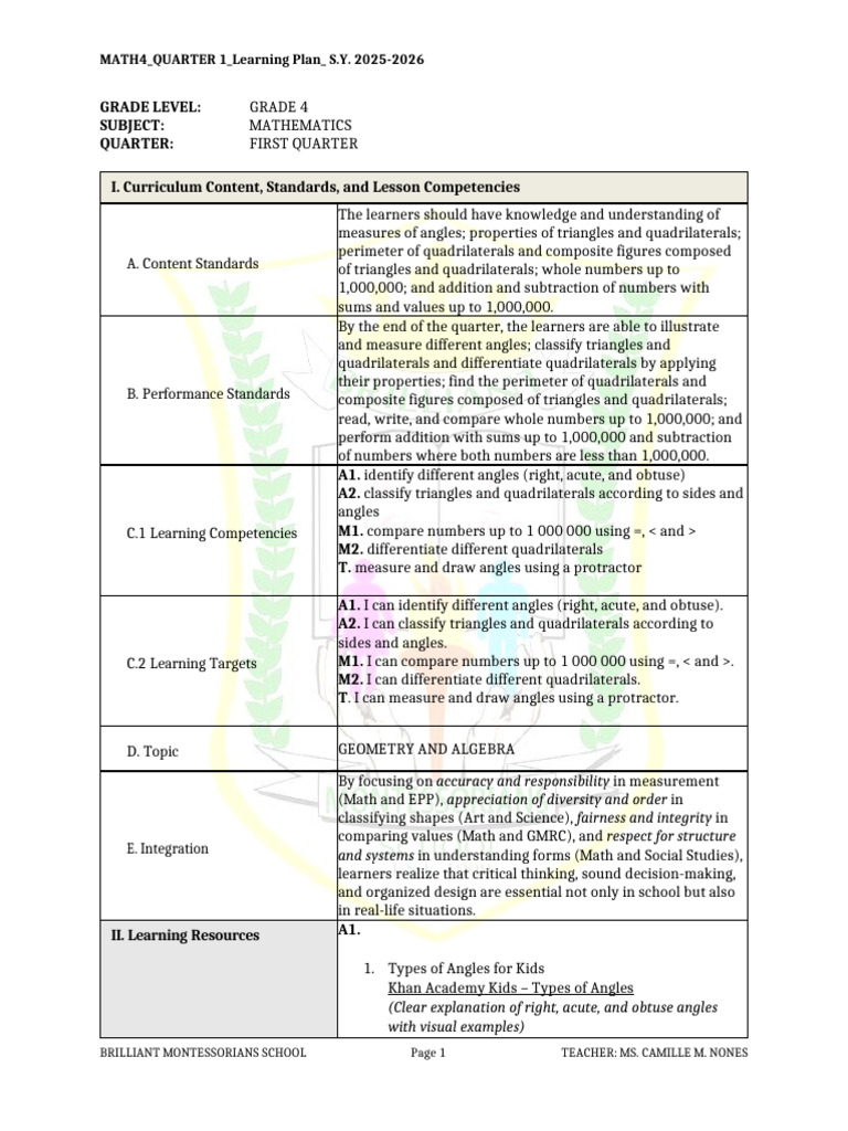 Math4 - Learning Plan - Quarter1 | PDF | Rectangle | Triangle