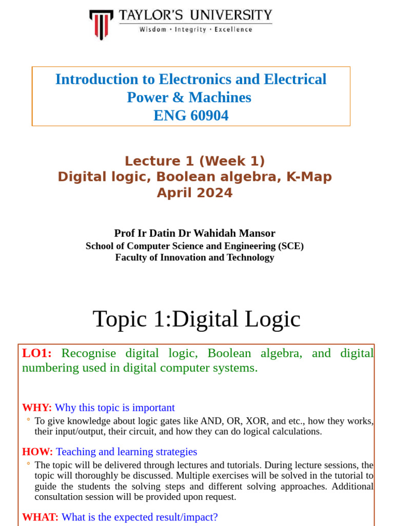 Intro To Electronics 1 - Lecture1 - Digital - Logics | PDF | Logic Gate | Logic