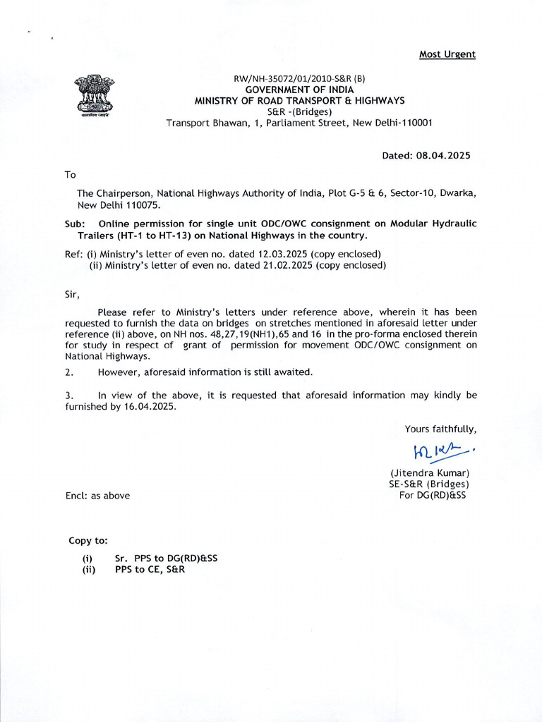 MoRTH Letter Dated 08.04.2025 | PDF
