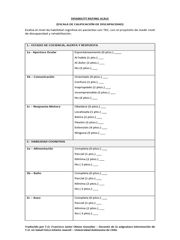 Disability Rating Scale (DRS) Traducción Español | PDF | Cuidado de la ...