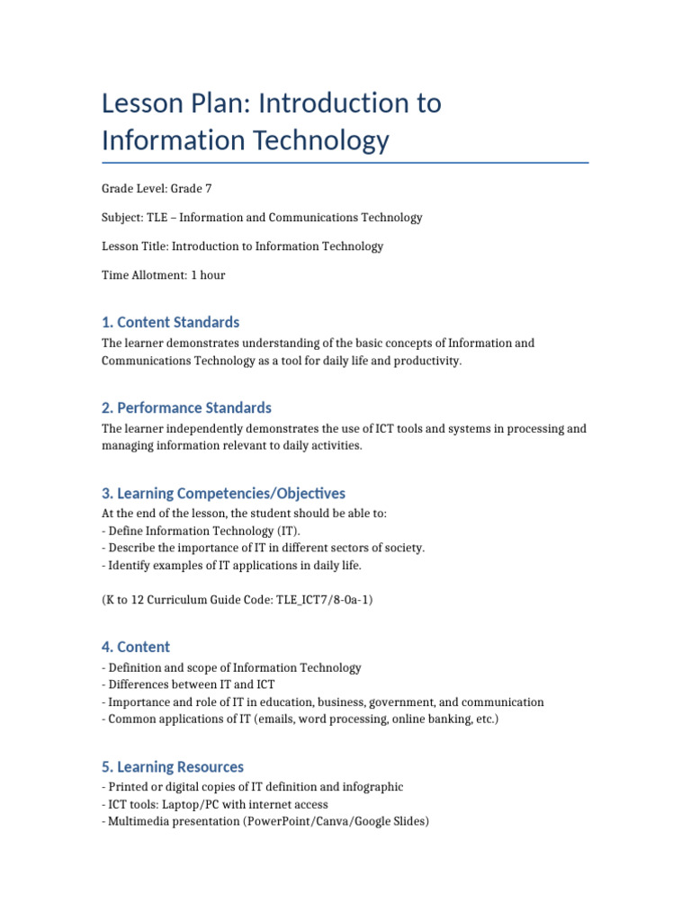 Grade 7 ICT Lesson Plan Introduction To IT | PDF | Educational ...