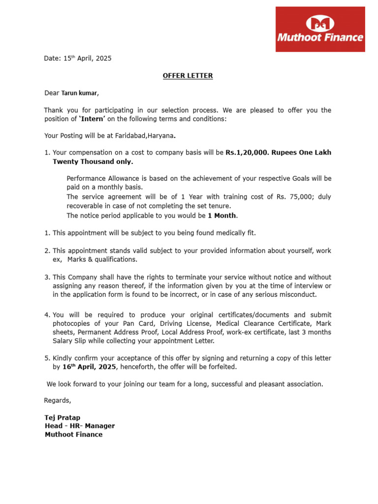 Muthoot Finance Internship Offer Letter | PDF