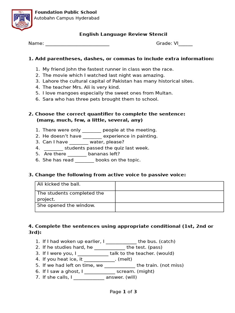 English Language Review for Grade VI | PDF