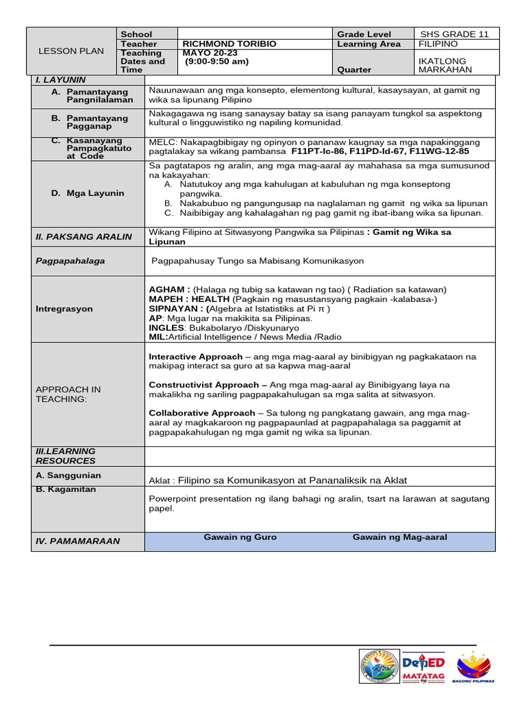 Cot Demo Richmond Gamit NG Wika Sa Lipunan SHS | PDF