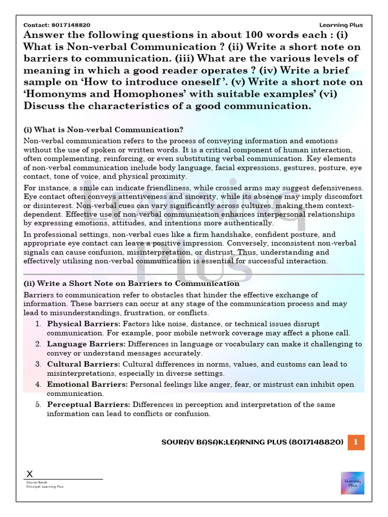 Begae 182, Dec 2024, Communication English, Solved by Learning Plus ...